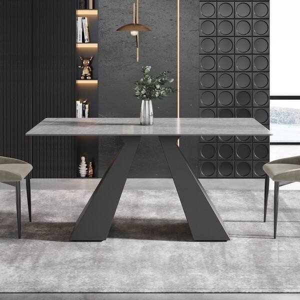 63''Modern Grey Dining Table with Rectangular Sintered Stone Tabletop ...
