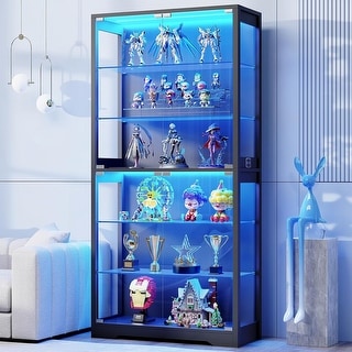 6-Tier 71" Glass Display Cabinet with LED Lights & Adjustable Shelves ...