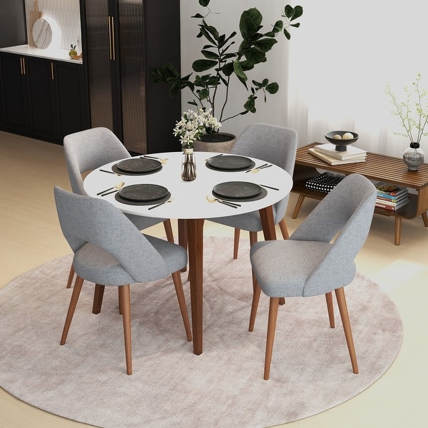 Hermosa 5-Piece Mid-Century Modern Round Dining Set w/4 Linen Dining ...