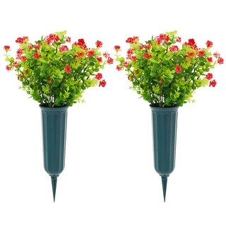 Red Artificial Flowers with 2 Cone Vases for Cemetery, Outdoor Decor (8 ...