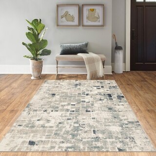8' x 11' Beige Blue Abstract Tiles Distressed Area Rug - 7'7" x 10.10 ...