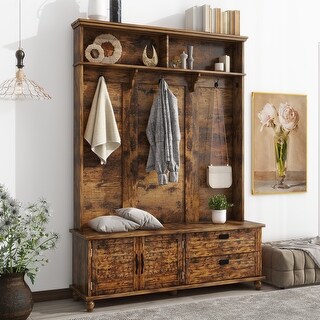 Rustic Brown Modern Style Hall Tree with Storage Cabinet, 2 Drawers ...