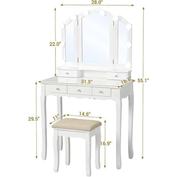Vanity Table Set with Lighted Tri-Folding Mirror 5 Drawers - Bed Bath ...