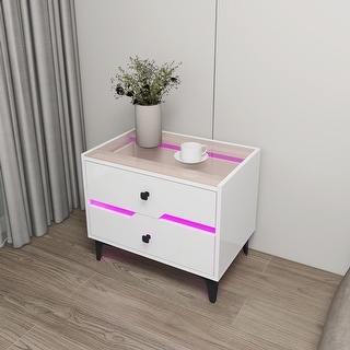 Smart Bedside Table, Nightstand with LED Light, High Gloss Side Table ...