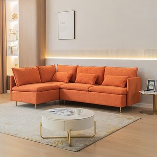 L-shaped Sectional Sofa with Chaise, Orange Cotton Linen Deep Seat ...
