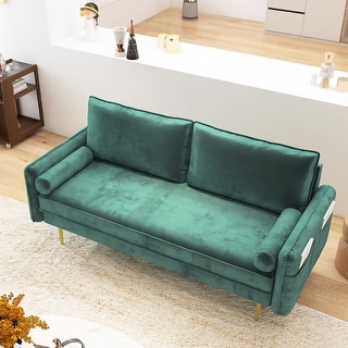 Green Velvet 3-Seat Sofa with Removable Back and Side Storage Pockets ...