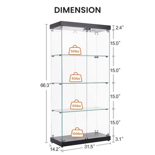 4-Tier Free-standing Glass Display Cabinet with Two Display Lights ...