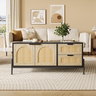 Rattan Coffee Table with LED Lights, Mid Century Modern Coffee Table ...