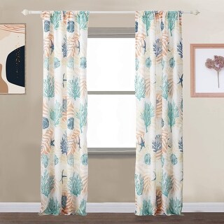 Geo 84 Inch Two panel Window Curtains, White Blue Polyester, Seashells ...