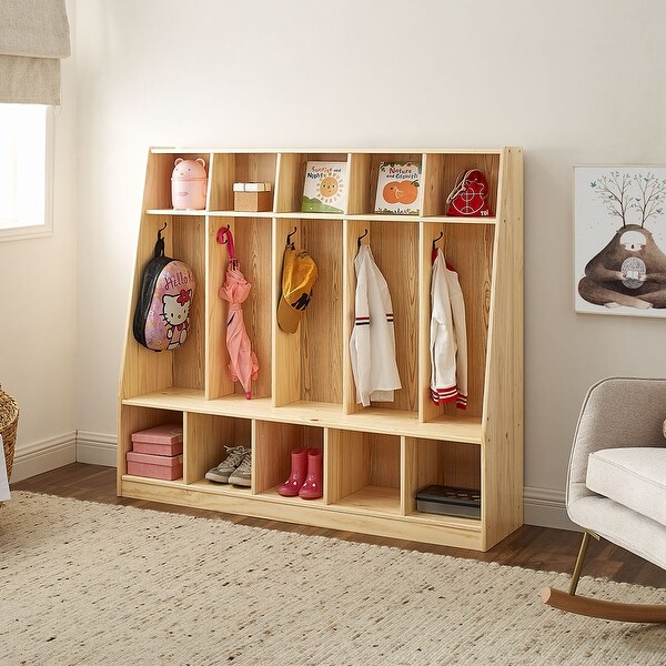 MUSHOMEINC 5 Section Classroom Coat Locker Backpack Hanger Daycare Cubby Coat Rack Cubicle Coat Hanger Mudroom Furniture Natural