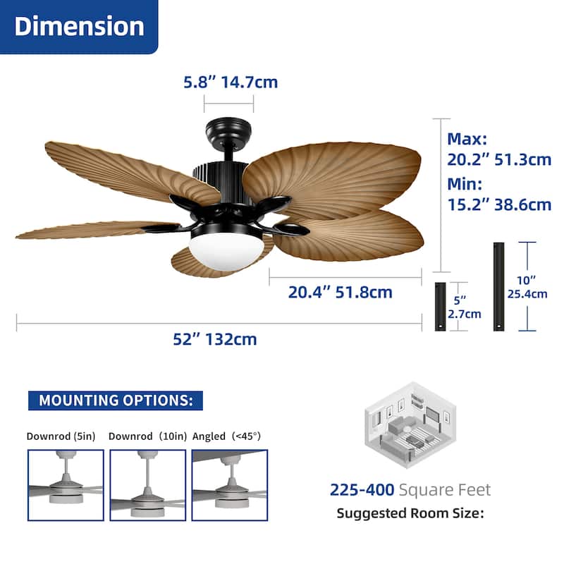 Moasis 52" Palm Leaf Ceiling Fan with Light Tropical Style with Remote ...
