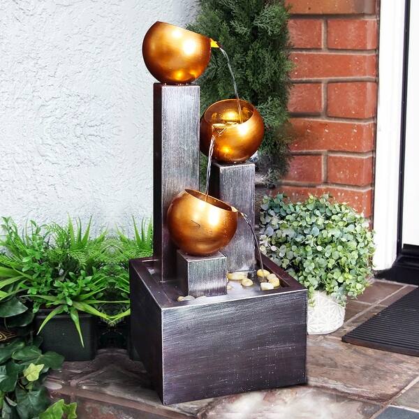 In-Outdoor Metal Water Fountain with LED Lights - Tiered Water Feature ...