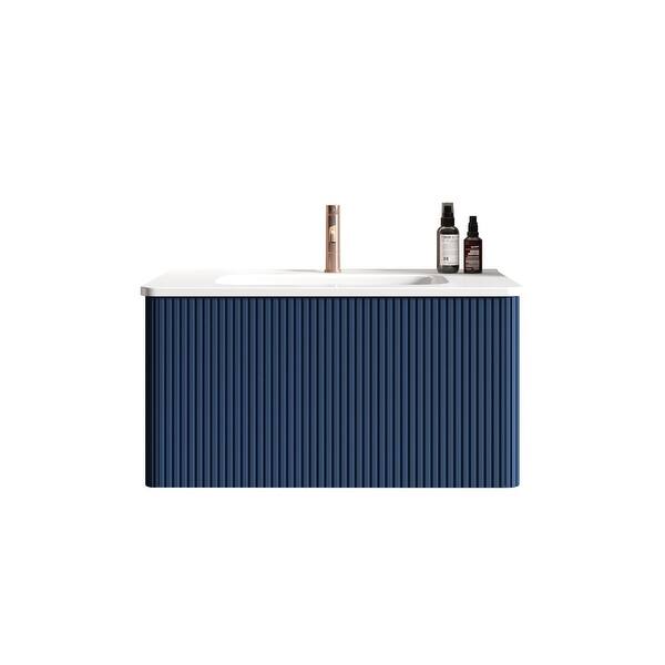 30" Striped Navy Blue Bathroom Vanity with White Ceramic Sink, Wall ...