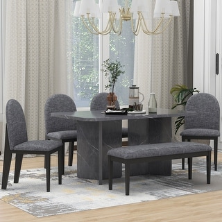 Modern 6-Piece Octagon Dining Set with Marble Table and Upholstered ...