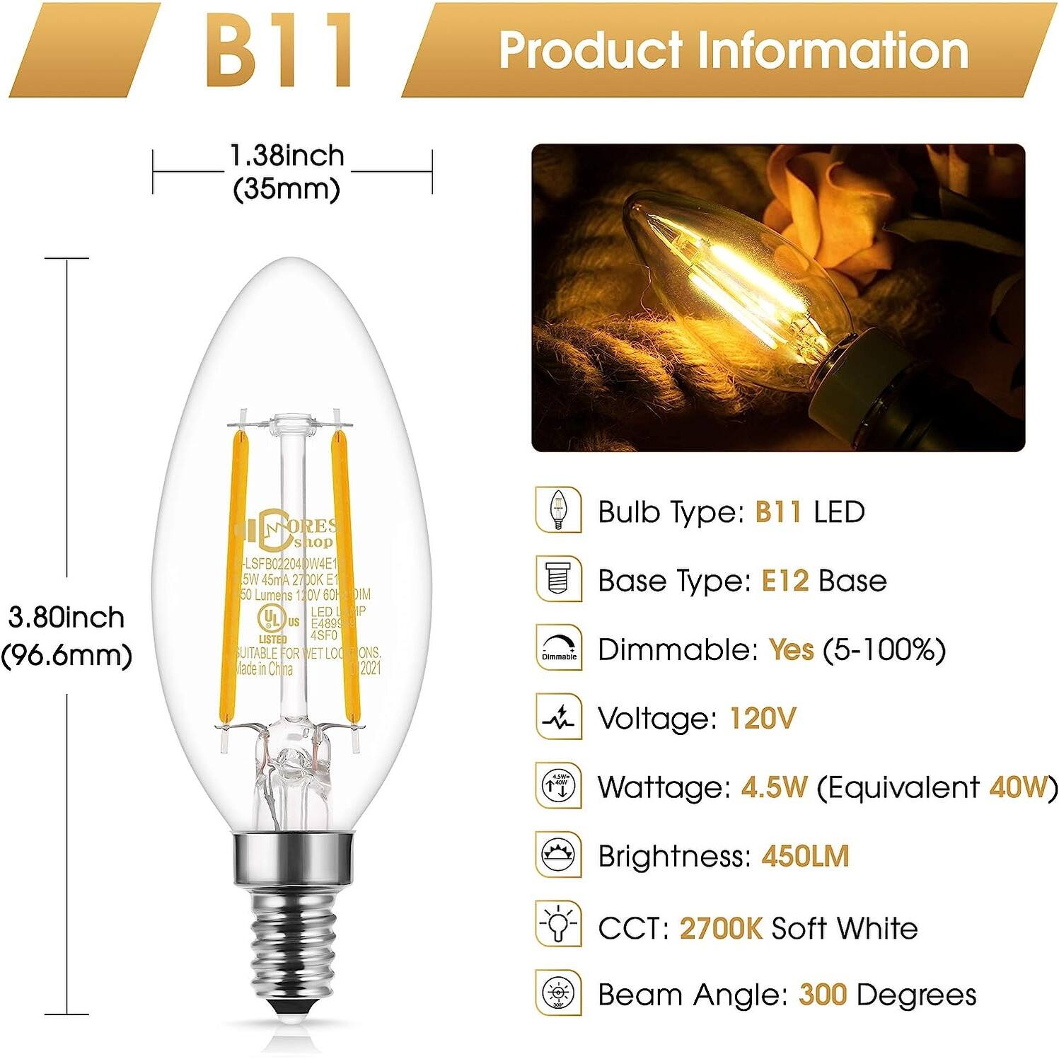 YANSUN 40-Watt Equivalent UL-Listed B11 Dimmable Vintage Edison Incandescent Light Bulb Soft ...