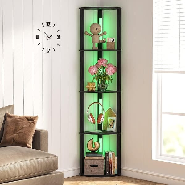 Black Corner Display Shelf Dimmable Bookshelf Standing Floor Lamp with ...