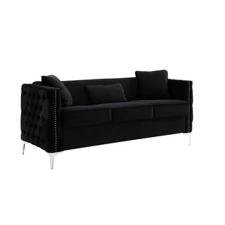 Joel 73 Inch Modern Sofa with 3 Pillows, Tufted Black Velvet, Silver ...
