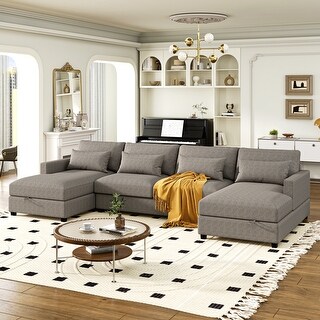 U-shape Fabric Upholstered Sectional Sofa Set Chaise Sleeper Sofa with Storage Chaises and ...