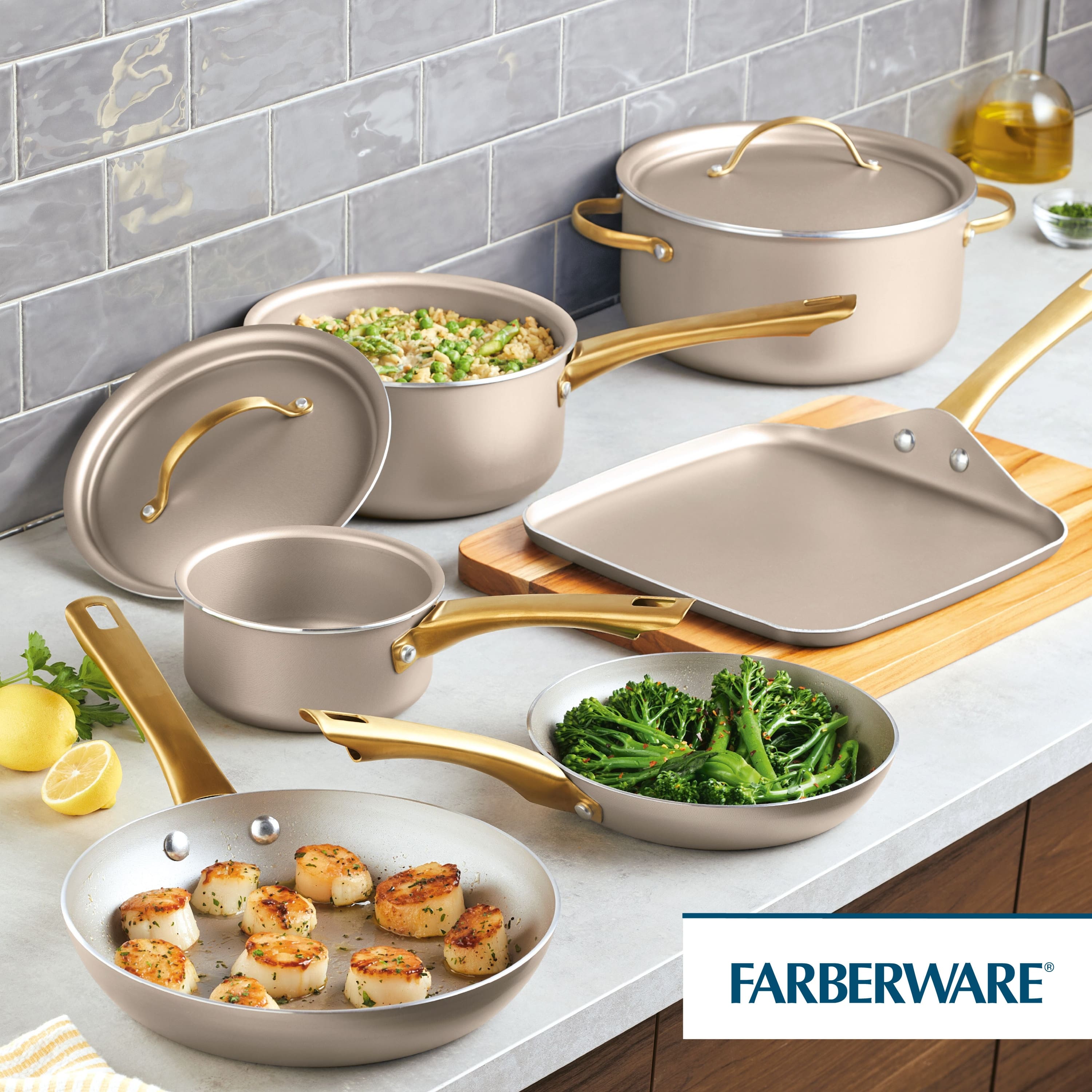 Farberware Radiant Nonstick Cookware Set with Prestige Tools, 12 Piece, Champagne - Bed Bath ...