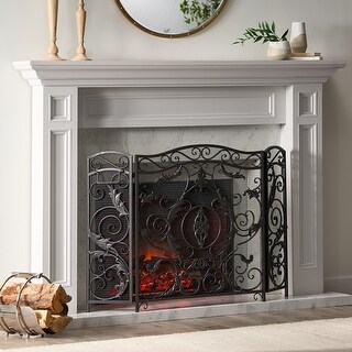 Traditional 3-Panel Fireplace Screen with Ornate Scrolling, Iron Frame ...