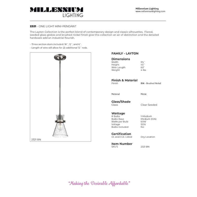 Millennium Lighting Layton Brushed Nickel Pendant Light with Seeded ...