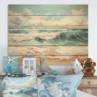 DESIGN ART "Teal Waves Fight I" Coastal Beach Wood Wall Decor ...