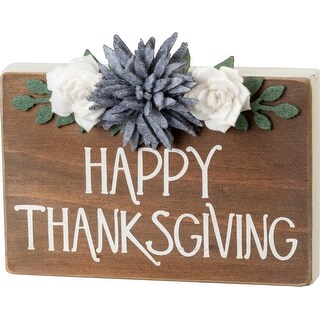 Happy Thanksgiving Gray and White Felt Flowers Block Sign Stained Wood ...