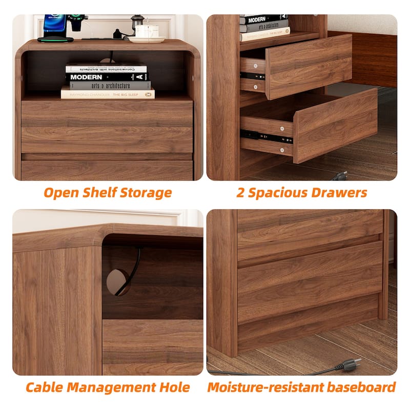 25" Tall Modern Nightstand with Charging Station, 23.6" Wide Wood ...