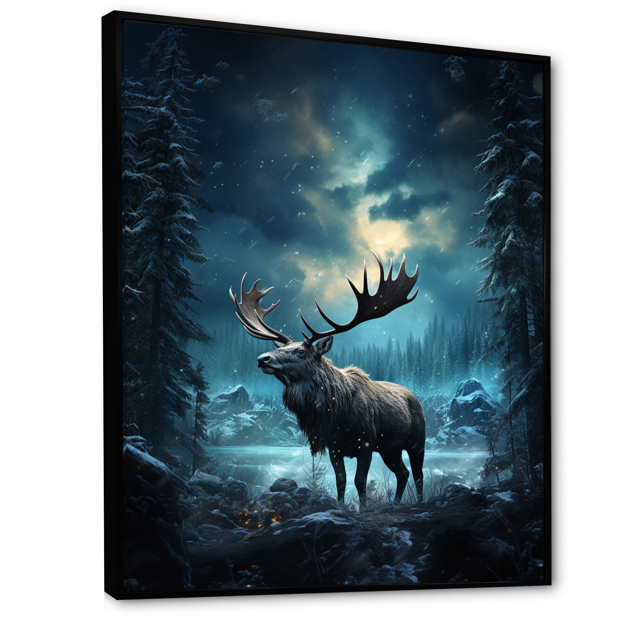 Designart Blue Moose Celestial Journey Moose Framed Canvas Wall Art