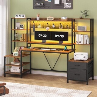 Gaming Desk with Hutch Computer Desk with LED Lights and Outlets - Bed ...