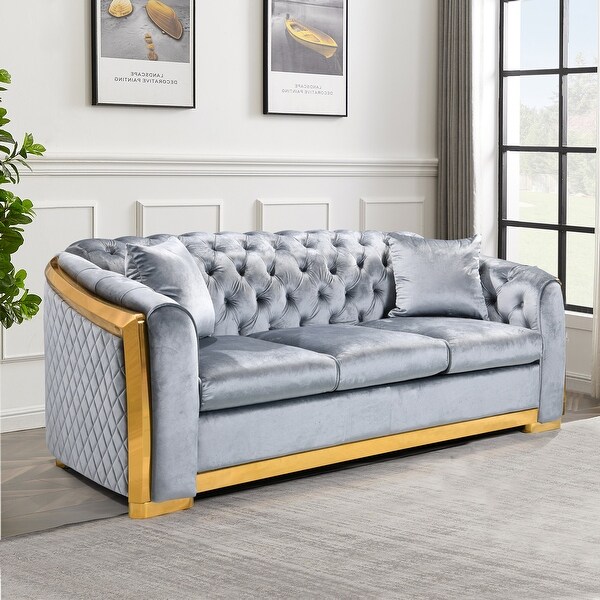 Living Room Gold Trim Settee Luxury Velvet 3 seat Sofa Chesterfield Grey Tufted Loveseat Couch with Rolled Arms and Tufted Back Bed Bath Beyond 39514606