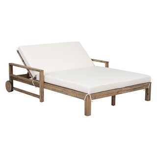 Beige Farmhouse Acacia Wood Outdoor Sunbed with Wheels and Adjustable ...