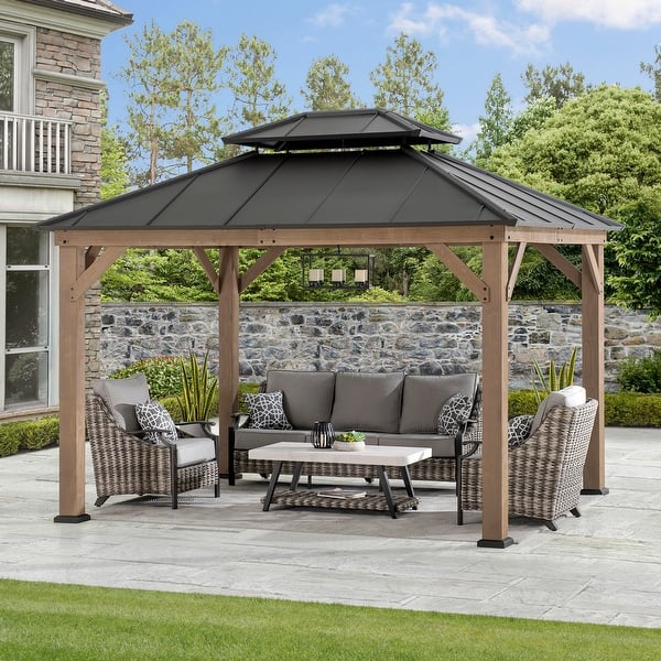 Sunjoy Outdoor Cedar Wood Frame Patio Gazebo Steel Hardtop - On Sale ...