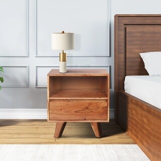 22 Inch Acacia Wood Bedside Table, 1 Drawer, 1 Cubby, Grain Details ...