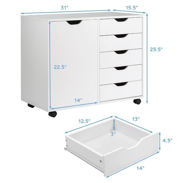 Mobile Chest Storage Cabinet Functional Organizer with Door 5 Drawers ...