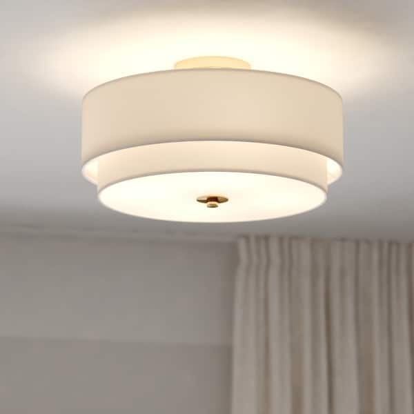 Burnaby Mid-Century Modern Ceiling Mount Light White Linen Drum Shade ...