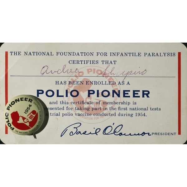 Polio Certificate 1954. /Namerican Polio Pioneer Certificate And Lapel ...