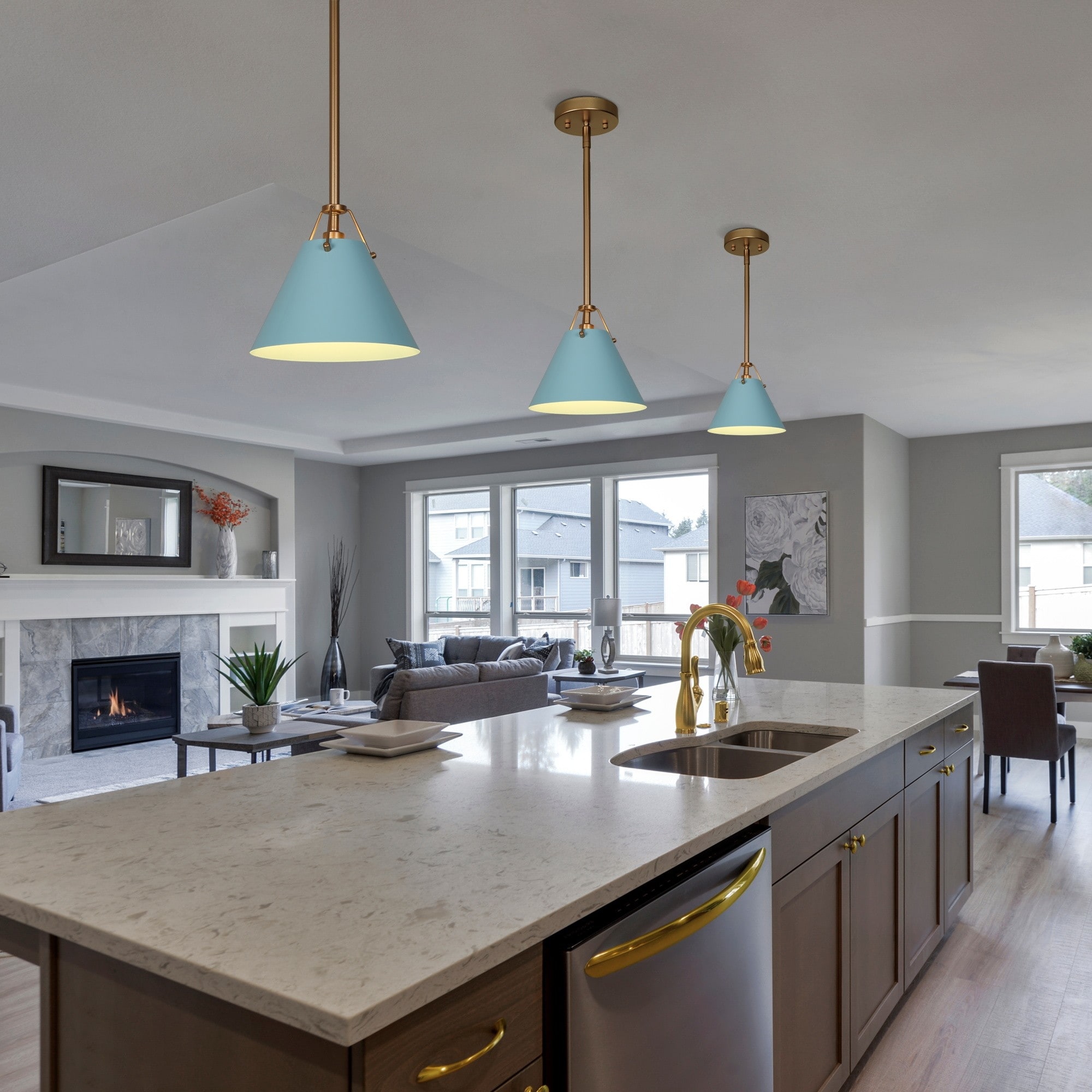 Modern Nickel Kitchen Island Pendant Light with Blue Stone Ripple Glass ...
