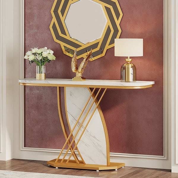 White Gold Entryway Table with Faux Marble Top - Half Moon Design - 41. ...