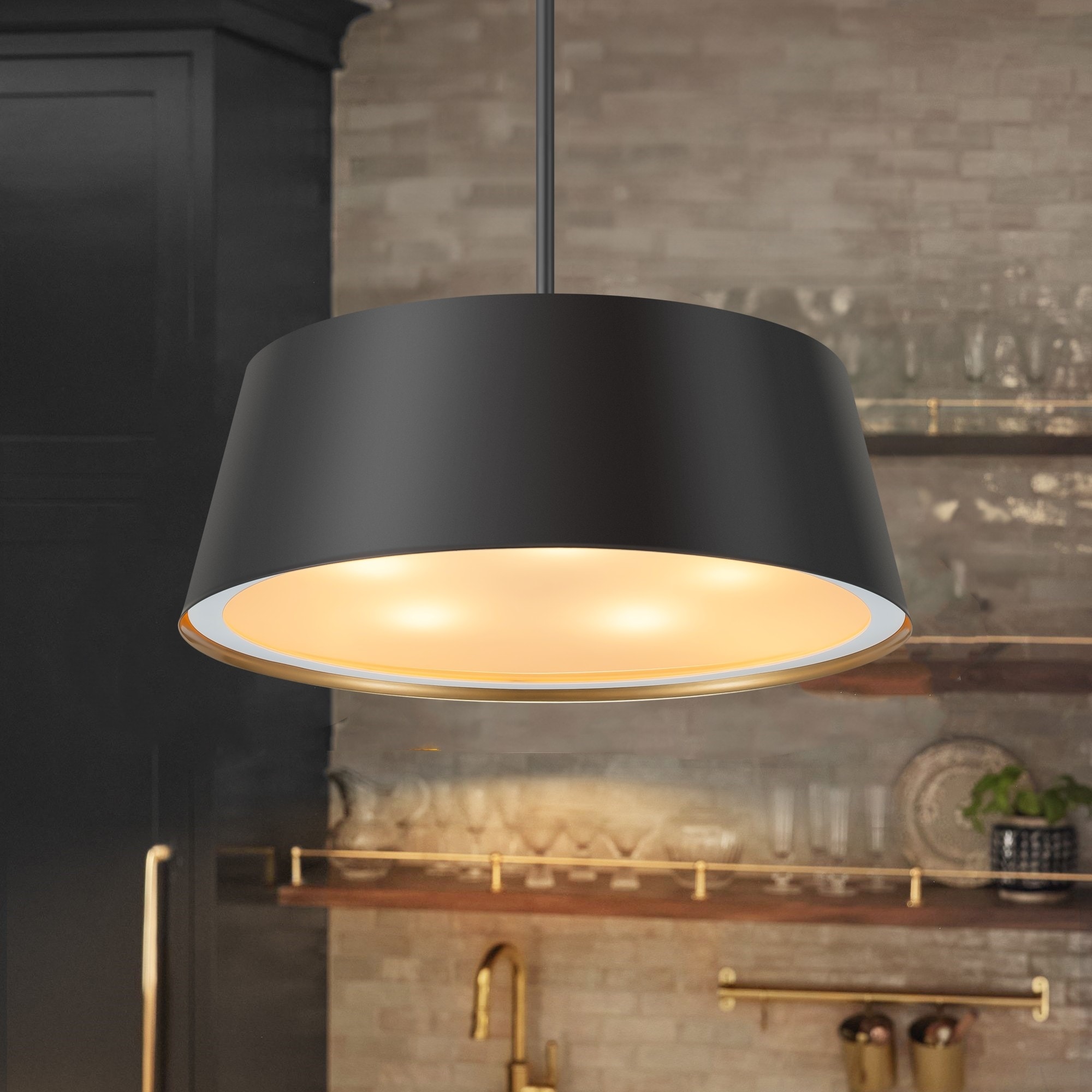 Vintage Matte Black 4-Light Metal Drum Pendant Light with Brown ...