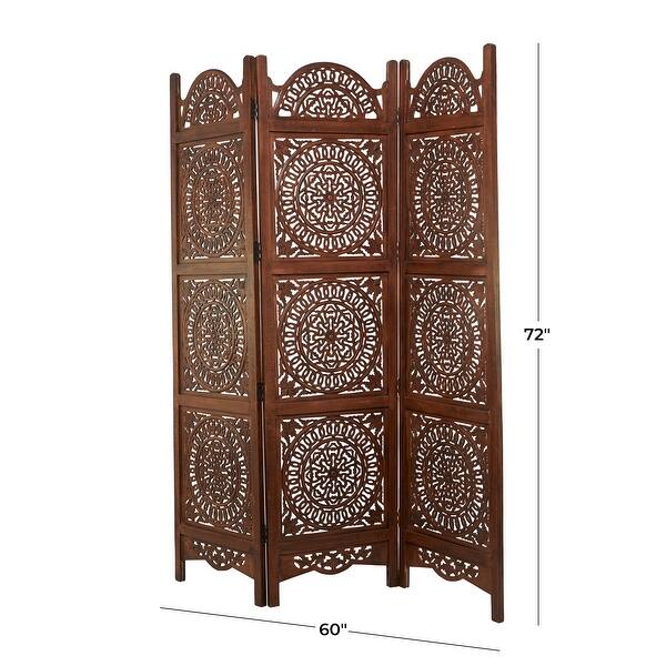 Brown Wood Handmade Hinged Foldable Partition 3 Panel Floral Partition ...