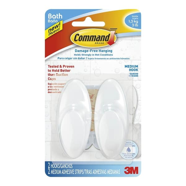3M BATH18-ES Bath Hook With Water-Resistant Strips Clear Frosted Medium ...