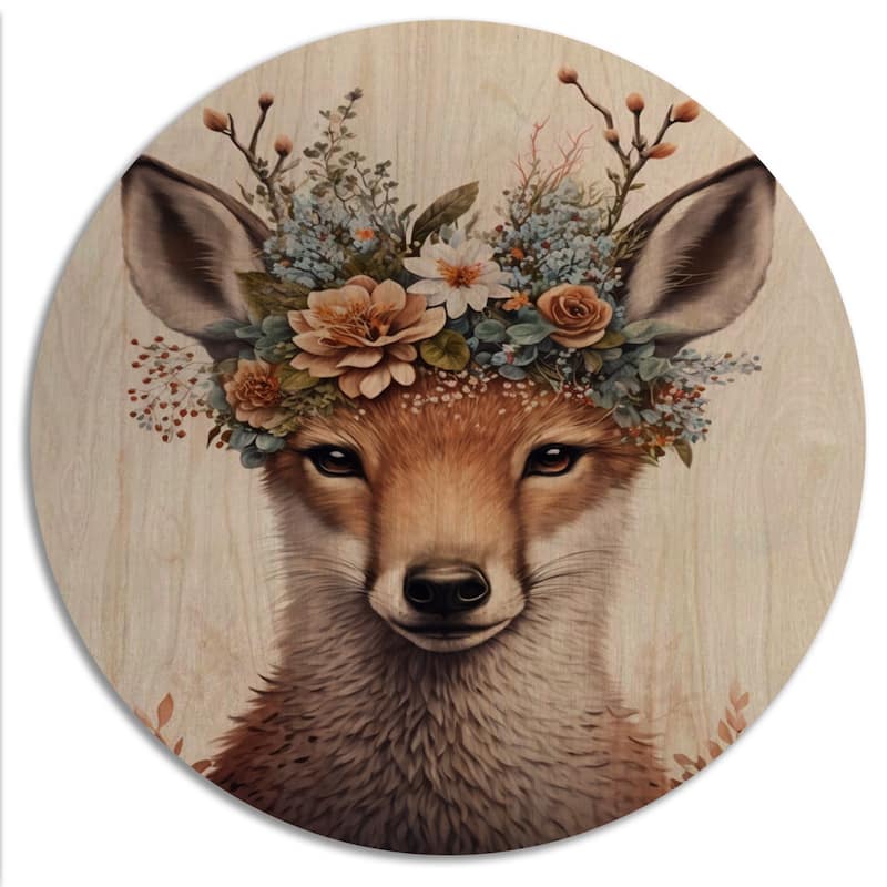 Designart "Cute Baby Fox With Floral Crown V" Modern Wood Wall Art ...