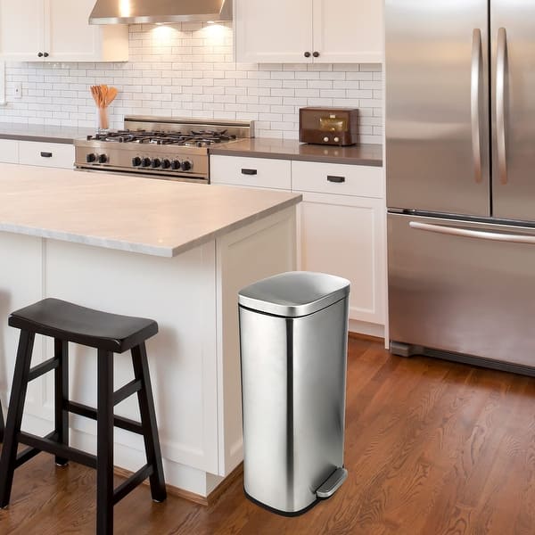 8 Gallon Trash Can, 30L Stainless Steel Kitchen Garbage Can, Waste Bin with Hinged Lid and Inner ...