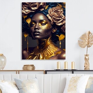 Designart 'Gold And Black Floral Woman VII' Contemporary Glam Canvas ...