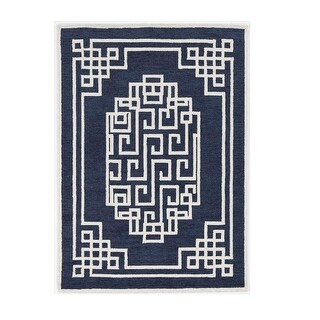 5'x7' Navy Blue Ivory Hand Tufted Bordered Greek Key Indoor Area Rug ...