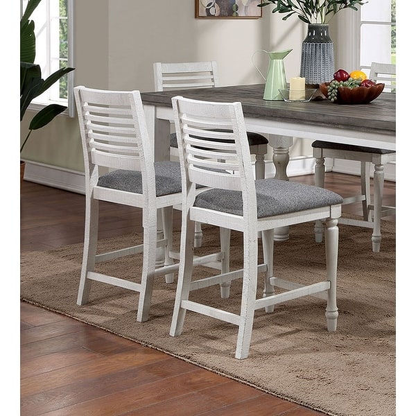 Set of 2 Dining Chairs Set, Antique White Solid Wood Grey Fabric ...