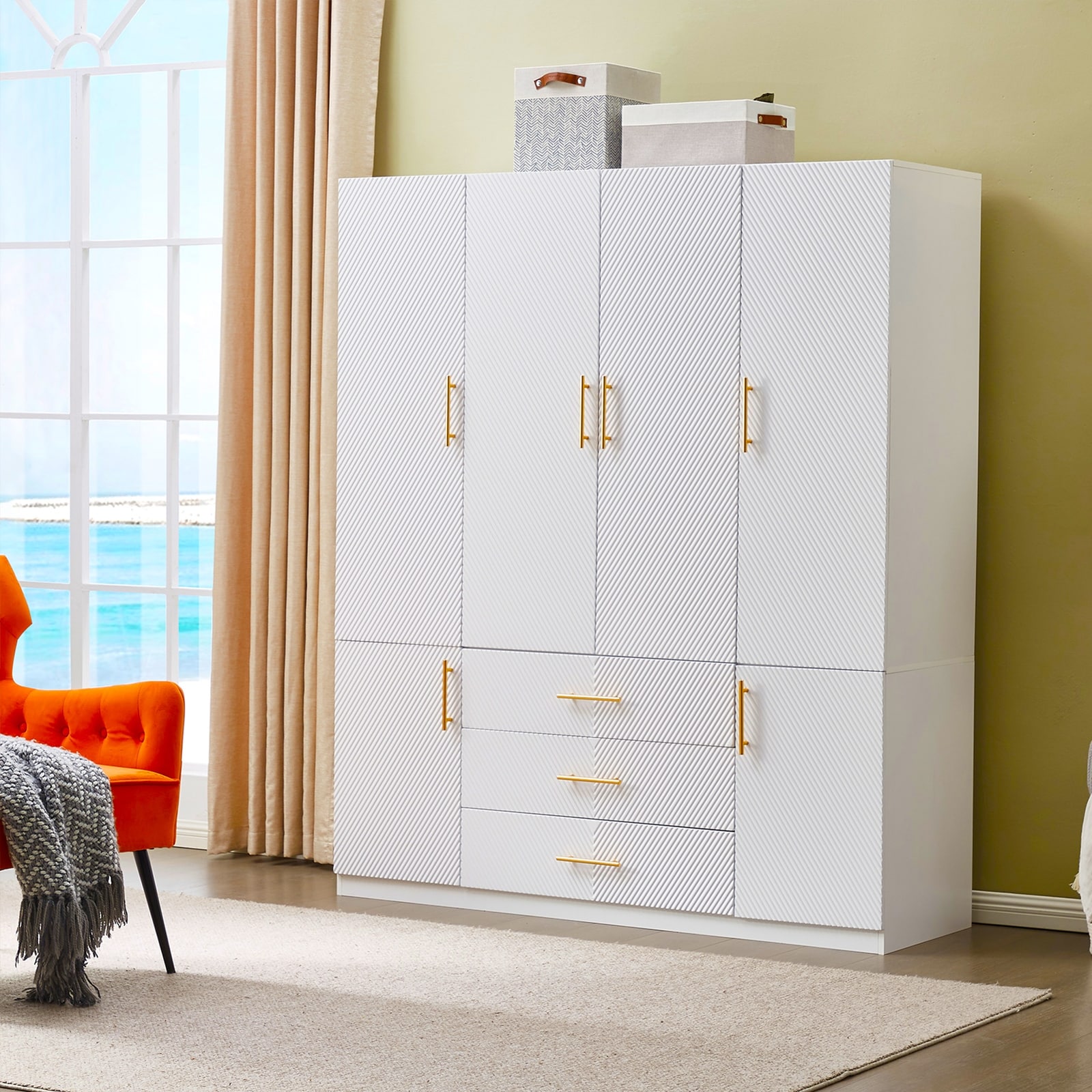 Timechee Wardrobe Armoire Wooden Closet with Mirror 4 Doors 2 Drawers ...