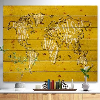 Designart 'Vintage Yellow Worldmap' Maps Print on Natural Pine Wood ...