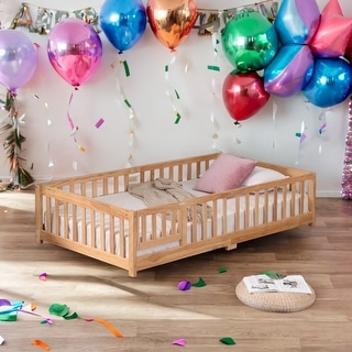 Queen Size Floor Bed with Door,Solid Wood Platform Bed Frame with Fence ...
